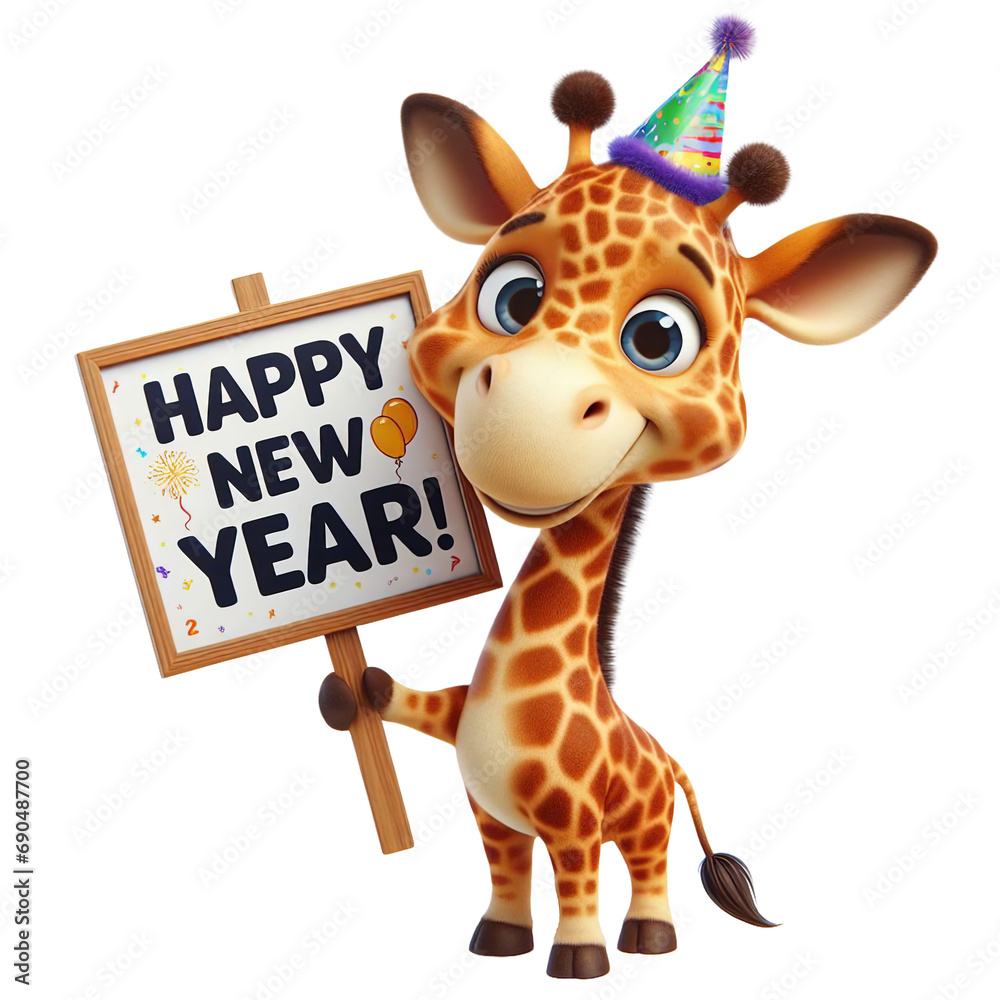 Cute Animal 3D Giraffe Holding 'Happy New Year' Board and Wearing Party ...