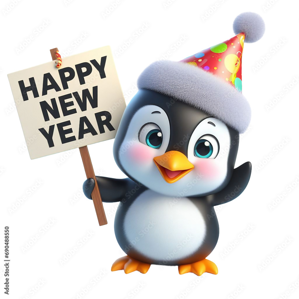Cute Animal 3D Penguin Holding 'Happy New Year' Board and Wearing Party ...