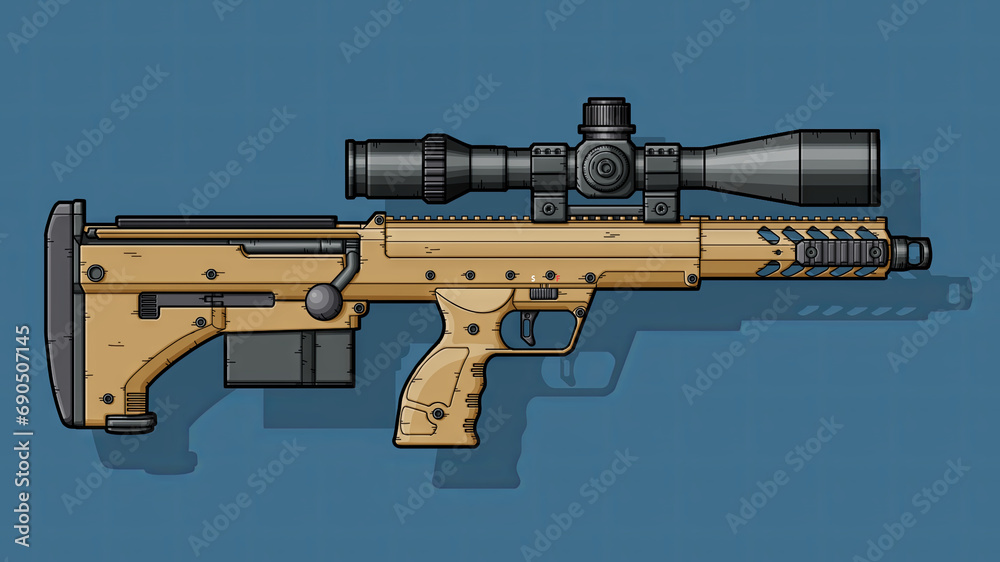 Golden black Sniper rifle with SRS A1 sight on a blue background ...