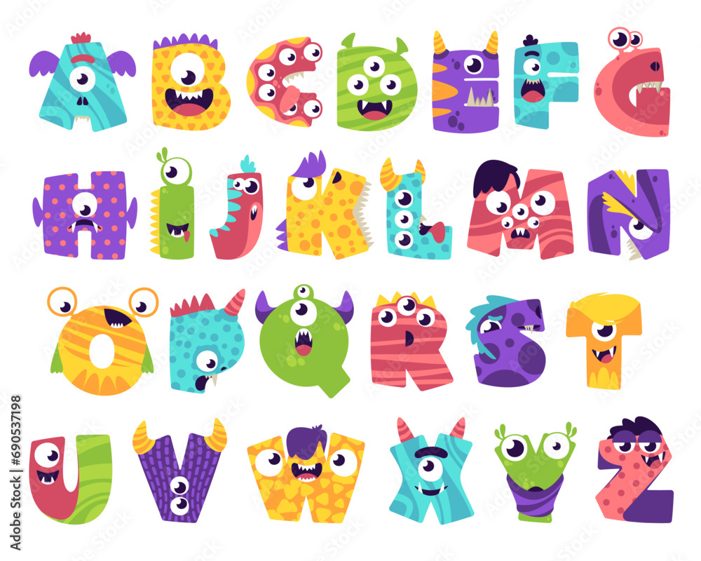 Monster font. Doodle alphabet with cute scary monsters, cartoon ...
