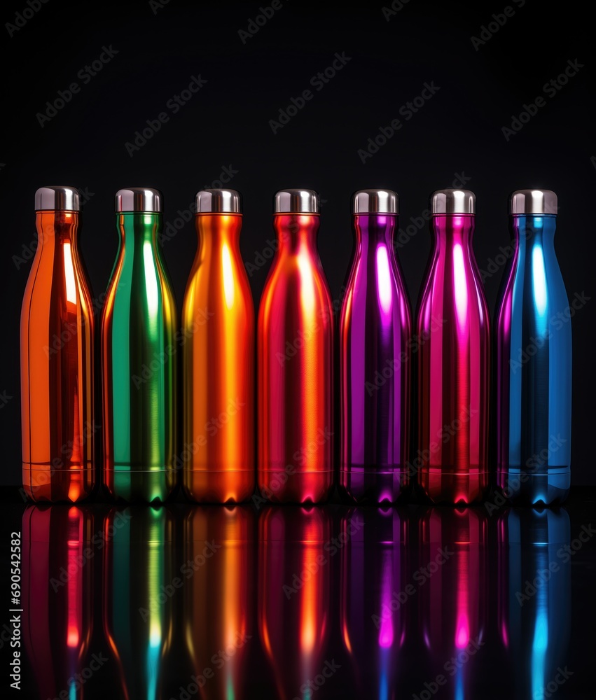 Vibrant stainless steel bottles in a straight line arrangement. Sleek ...