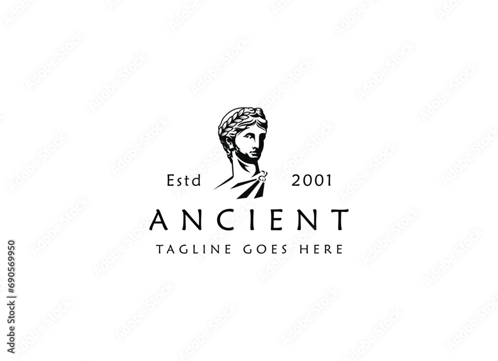 Greek god head wearing laurel wreath statue icon logo design ...