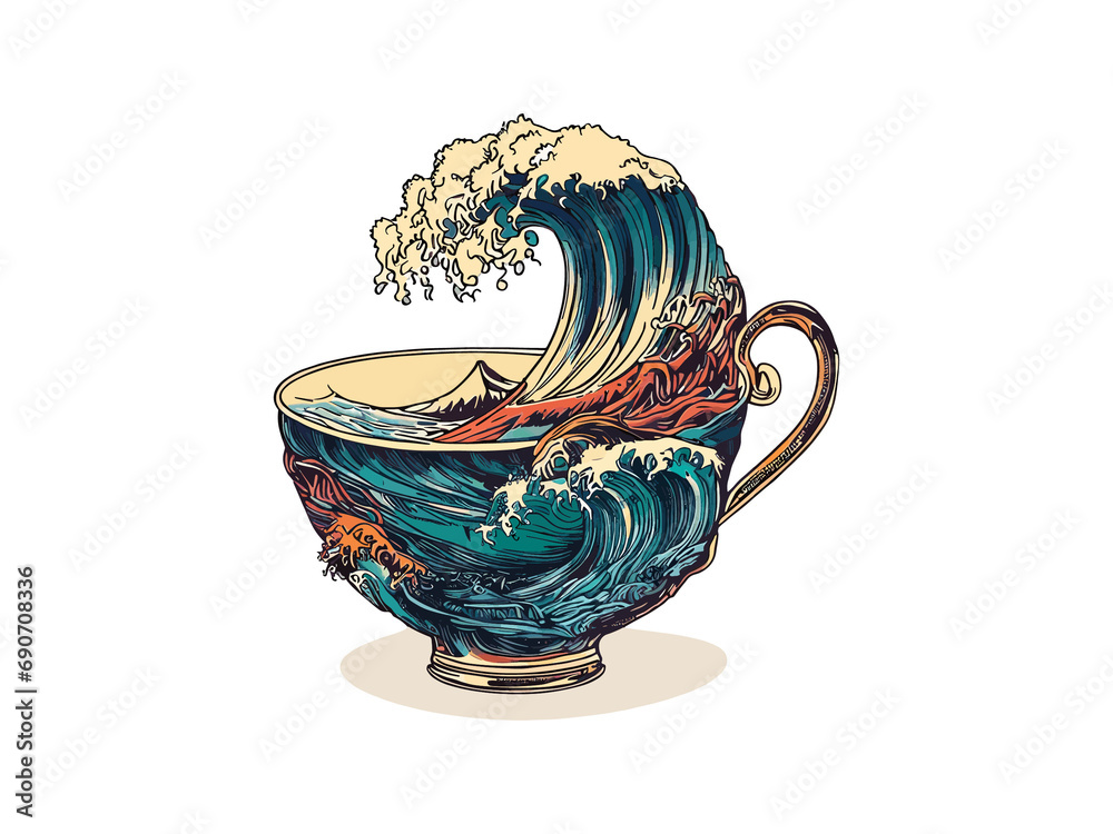 Vector traditional japanese ramen and the great wave of kanagawa on a ...