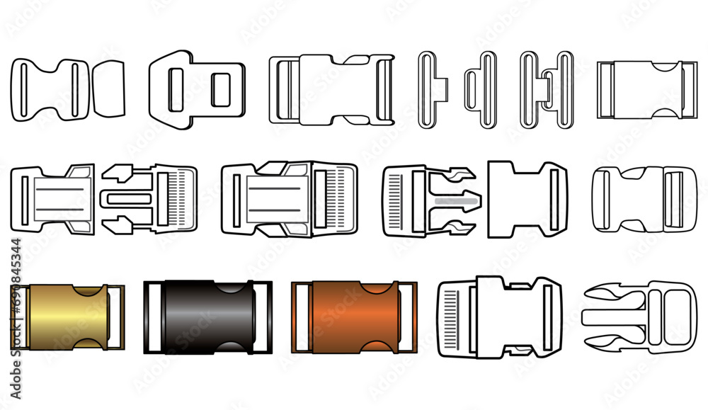 Quick Release buckles flat sketch vector illustration, set of bag ...