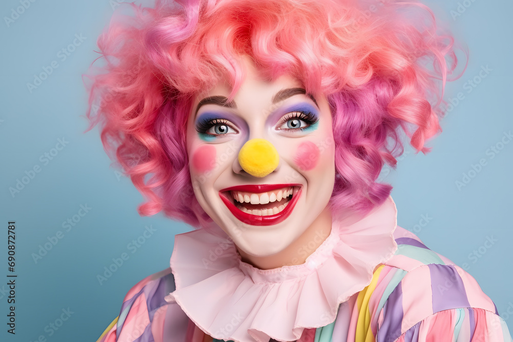 Woman dressed up with pastel colored clown costume with pink curly wig ...