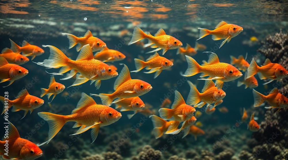 a goldfish swimming in a sea of stars, its scales reflecting the ...