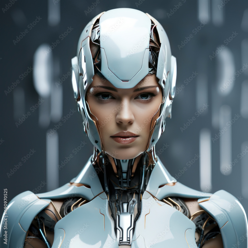 robot woman looks like a human on blue blurred background. Copy space ...