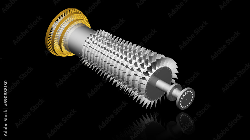 Gas turbine rotor turbomachinery illustration showing several stages of ...