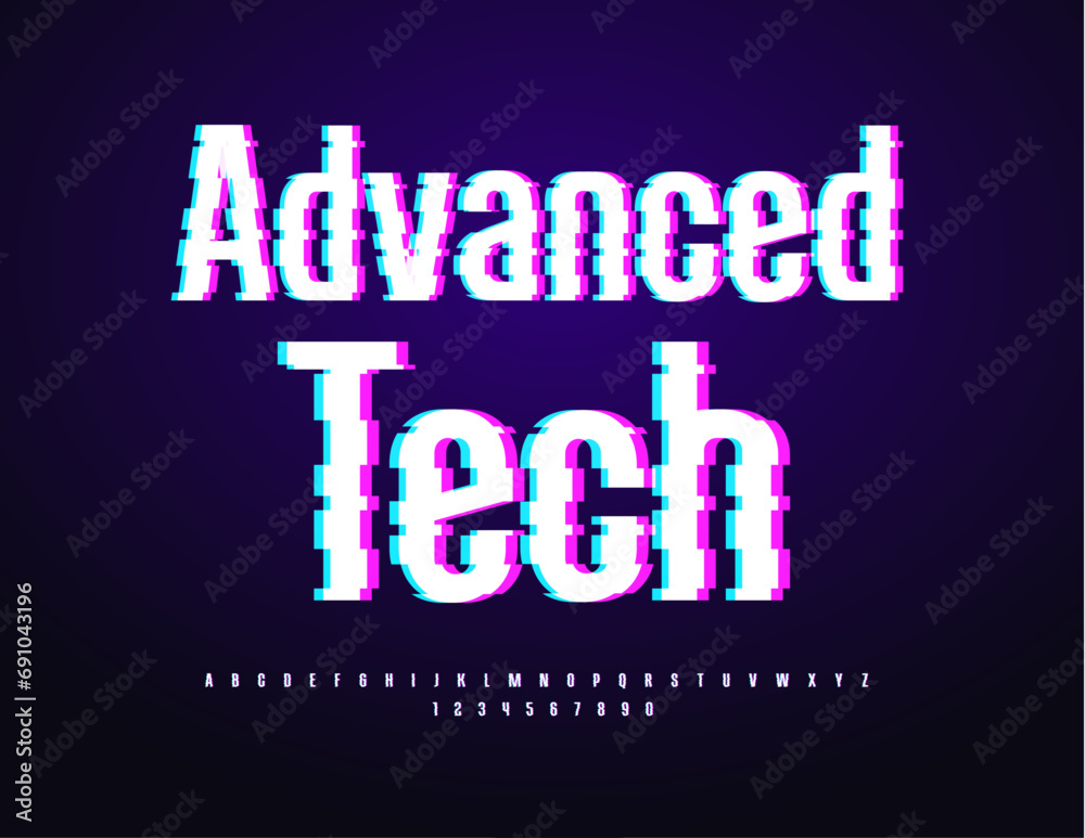 Vector digital logo Advanced Tech. Glitched pixels Font. Glowing techno ...