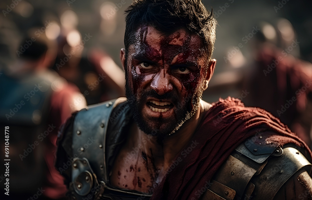 Fight between gladiators, angry and wounded face of attacking ...