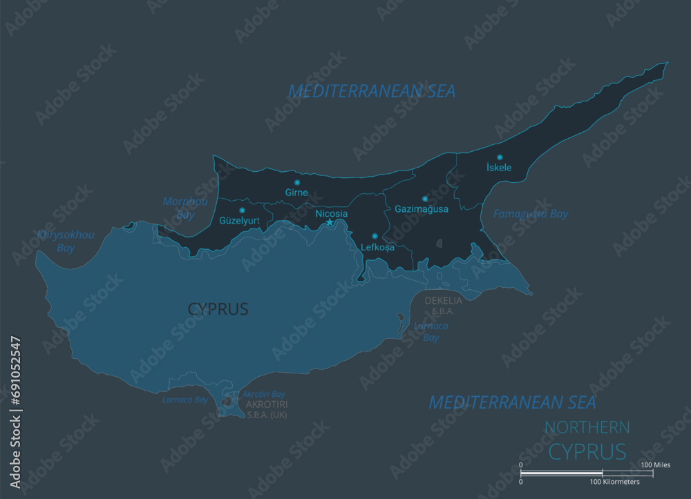 Northern Cyprus map. High detailed map of Northern Cyprus with countries, borders, cities, water ...
