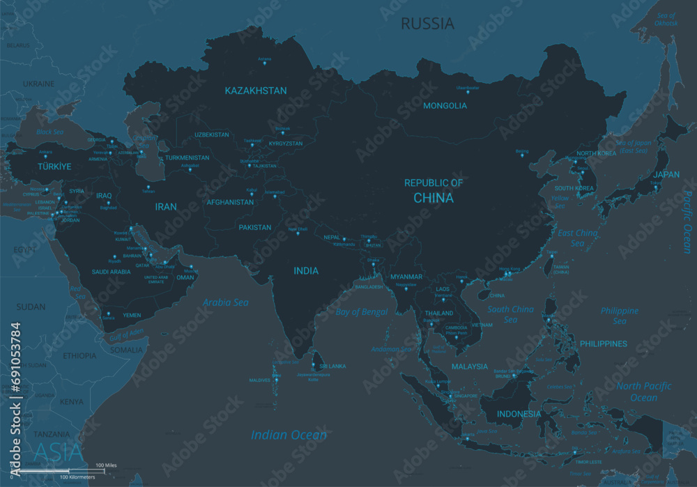 Asia Continent Map. High detailed map of Asia Continent with countries ...