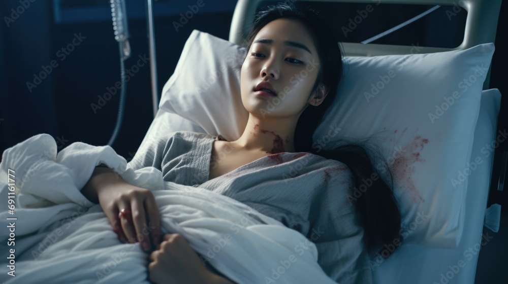 A woman lying in a hospital bed with blood on her face. Can be used to ...