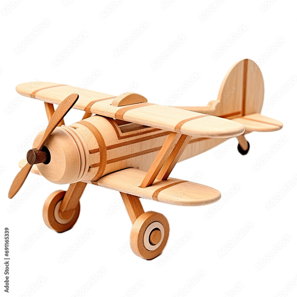 wooden toy Biplane, single propeller, 3/4 view, isolated and ...
