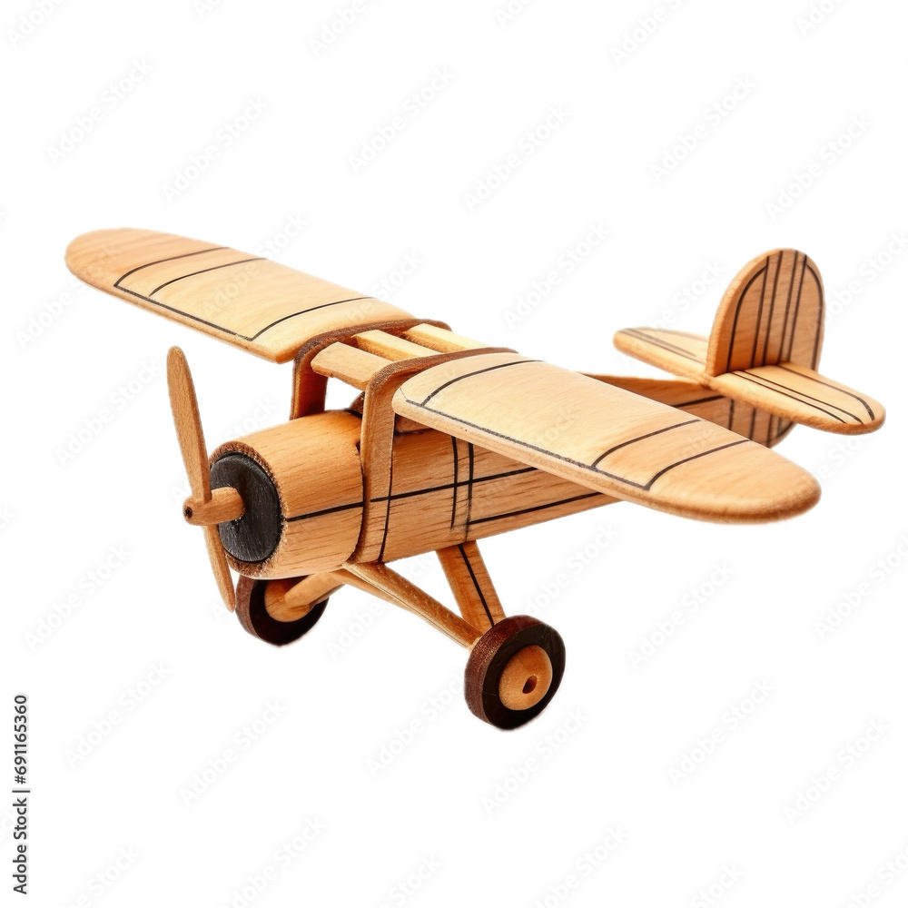 wooden toy Biplane, single propeller, 3/4 view, isolated and ...