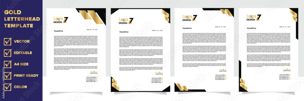 gold letterhead template for business company stationery design with A4 ...