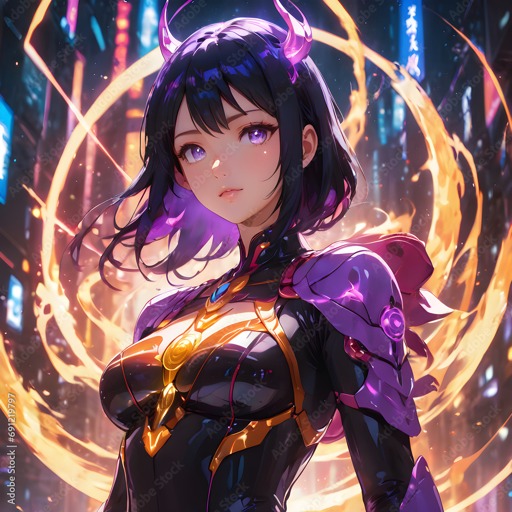 Demonic anime guardian girl in shiny dark gold armor with purple horns ...