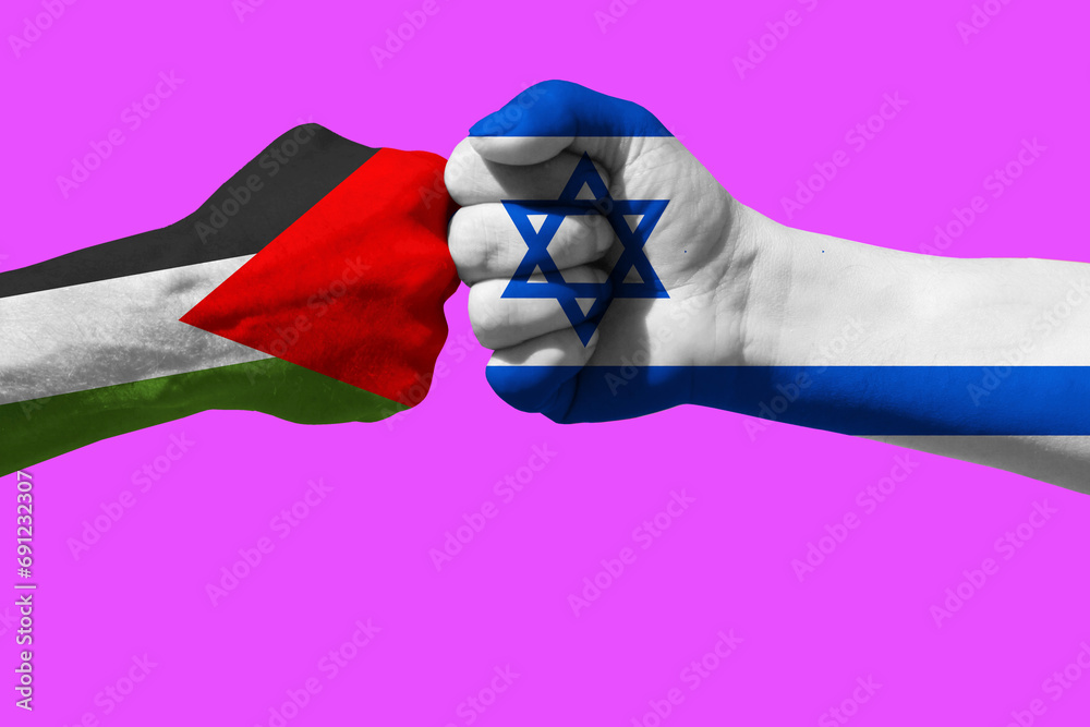 Hands, fists with textures of the flags of Israel and Palestine. A ...