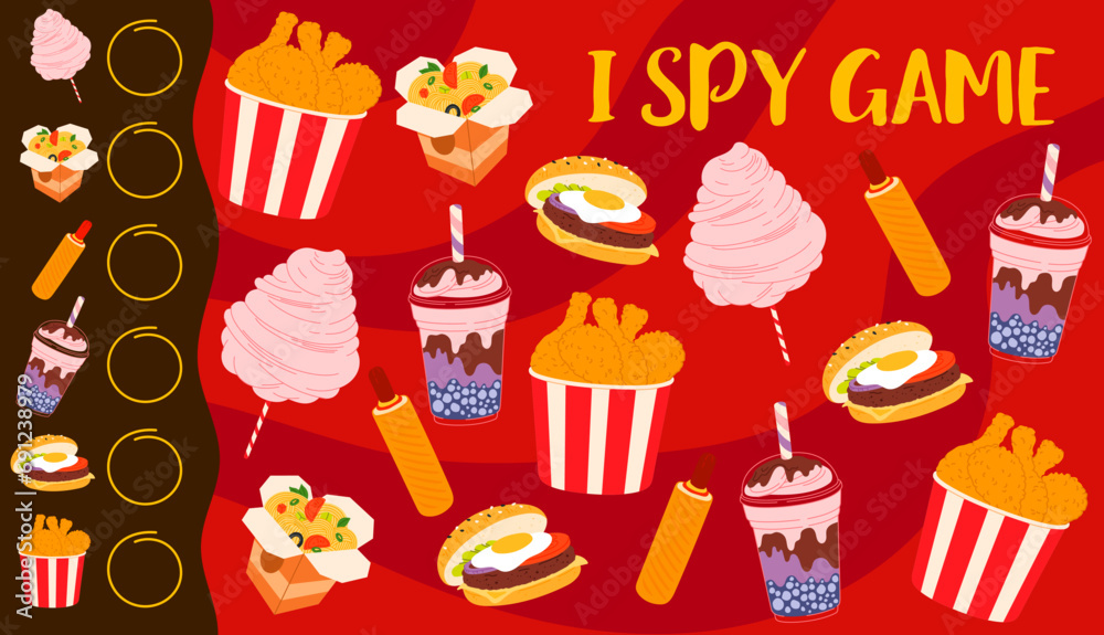 Стоковий вектор I spy game with fast food, desserts and drinks. Find ...