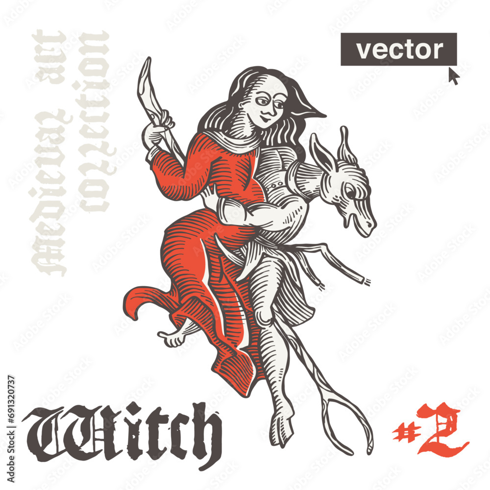 Witch with devil in form of donkey flying on pitchfork or broom. Vector ...
