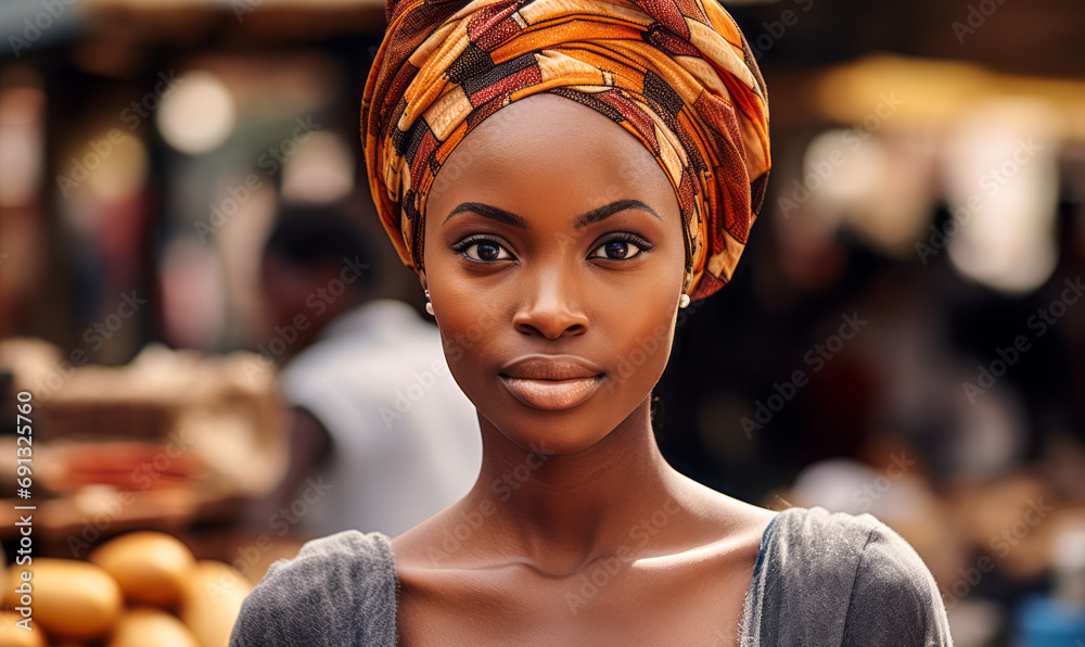 Elegant African woman with a colorful headscarf and earnest expression ...