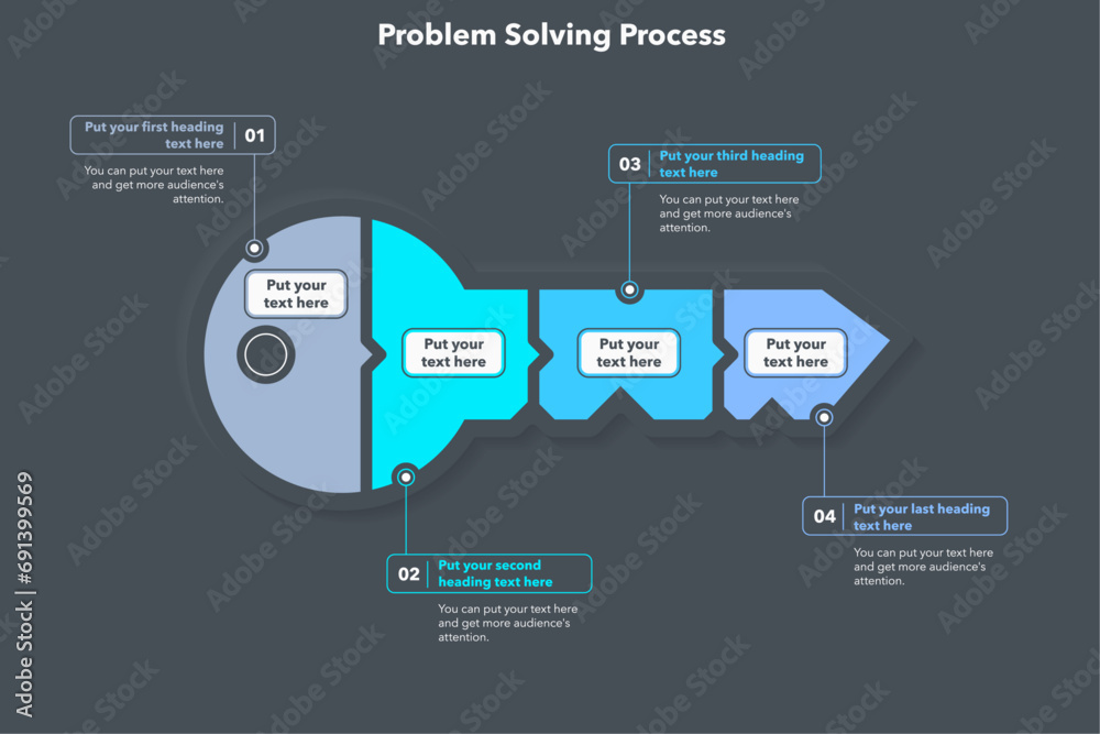 Problem solving process infographic with four steps - dark version. Simple flat template for ...