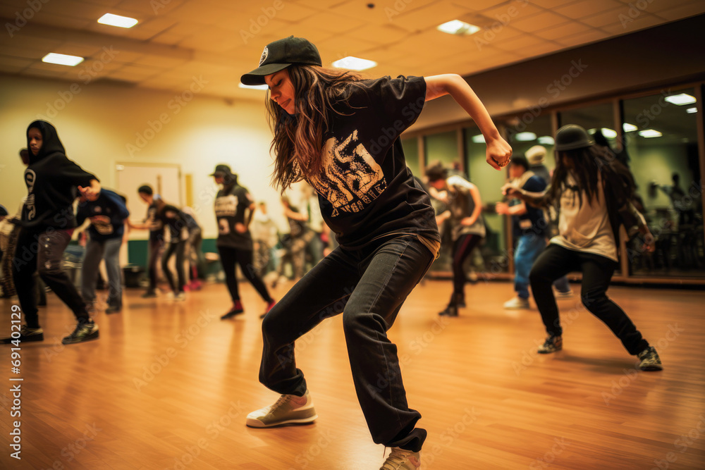 Adult male and female hip-hop couples dancing at practice, smiling ...