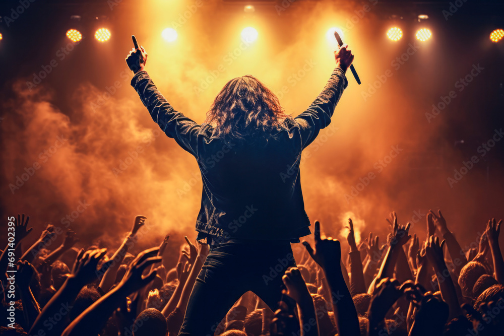 Rock singer on the concert. Male's silhouette illuminated by stage ...