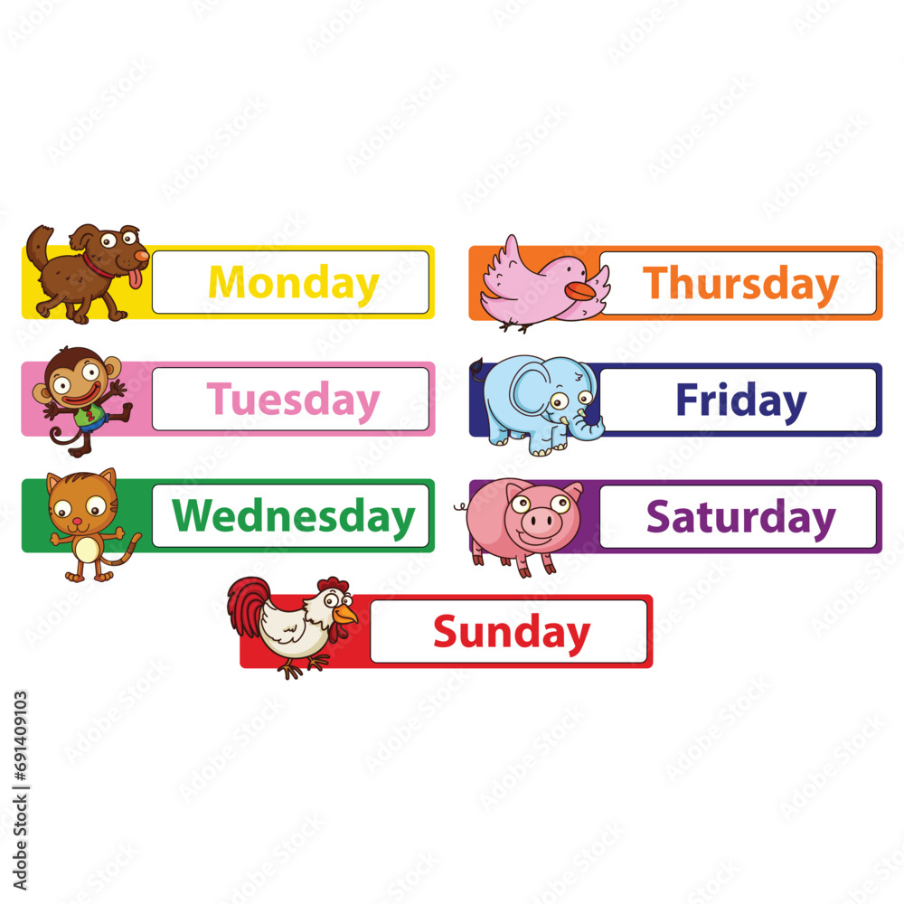 Handwritten names of the days of the Week. Sunday, Monday, Tuesday ...