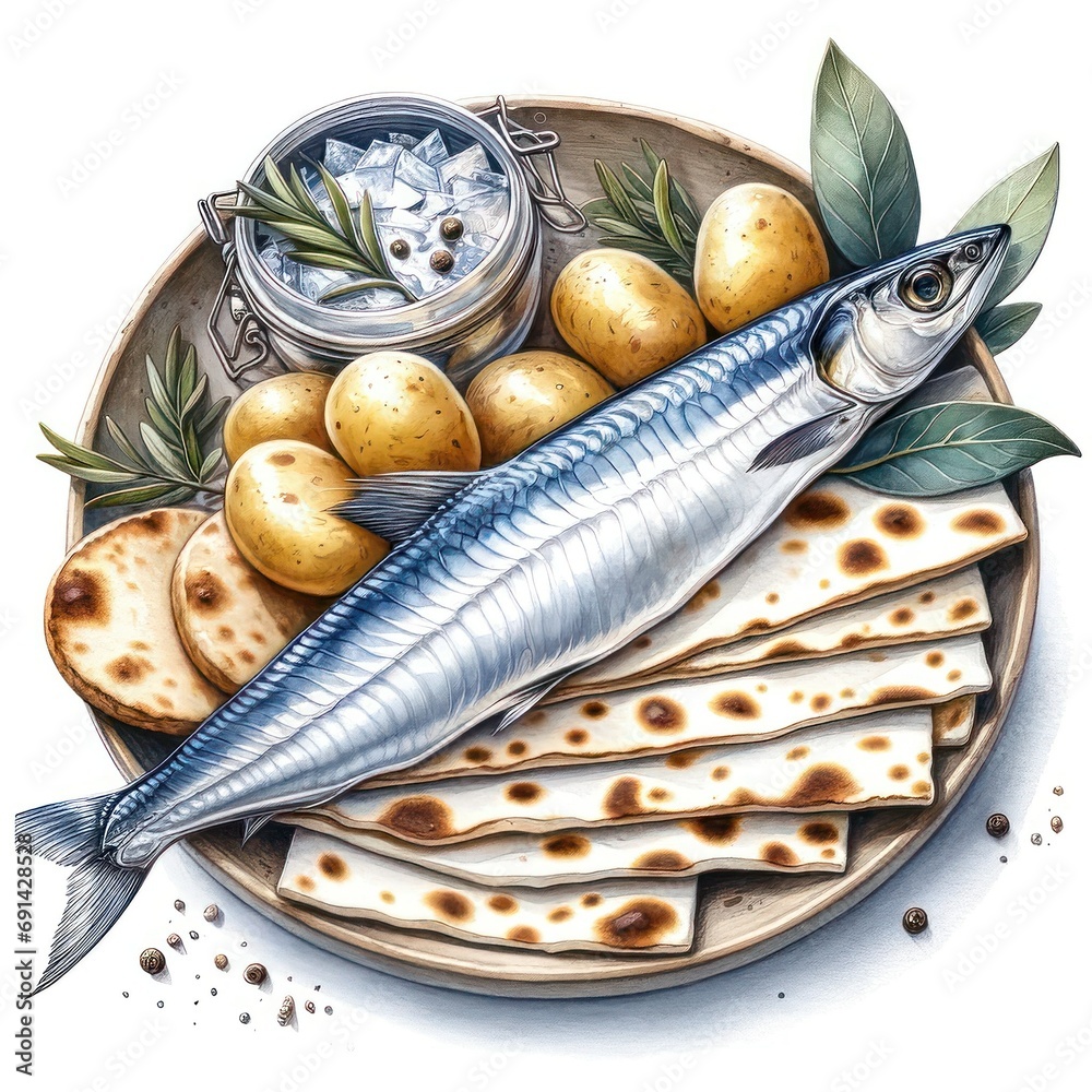 Watercolor painting of Surströmming (Fermented Baltic Herring) on a ...