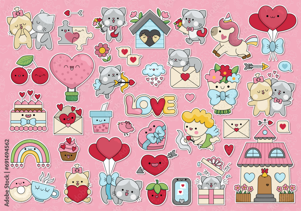 Vector Saint Valentine stickers with cute kawaii characters ...