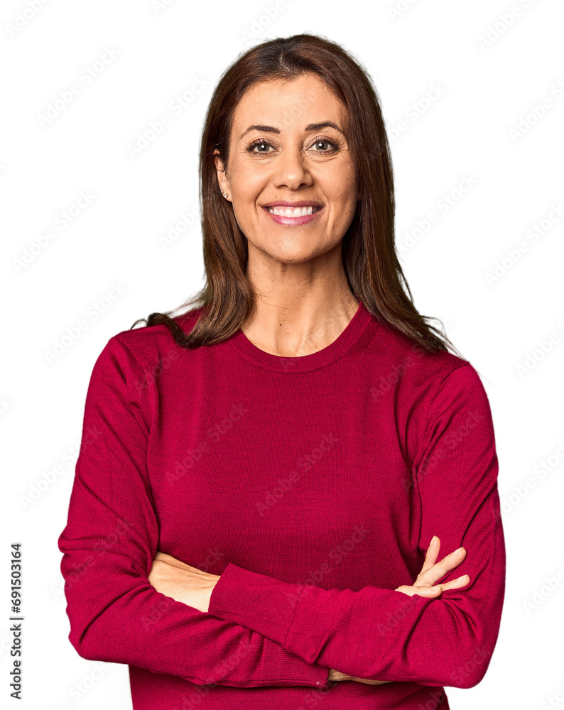 Elegant middle-aged Caucasian woman in studio setting who feels ...