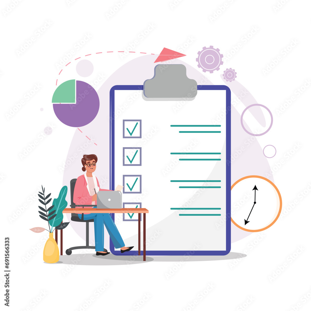 Happy business woman wearing glasses and busy with her checklist ...