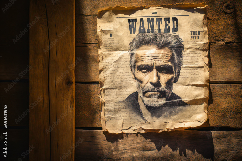 Wanted outlaw poster, crinkled paper pinned to a weathered wooden wall ...