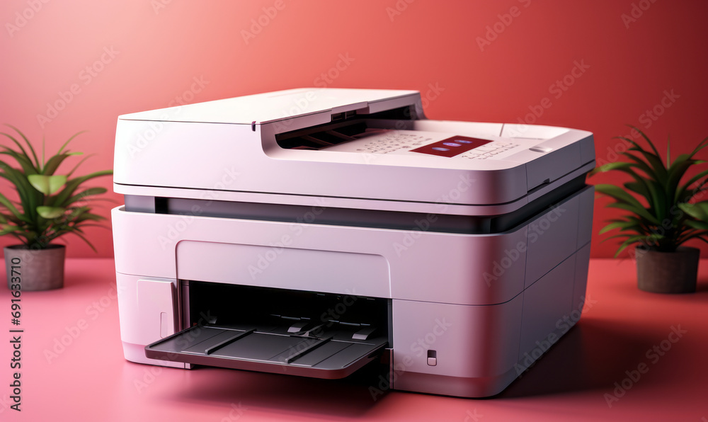 Modern office multifunction printer on a pink gradient background ...