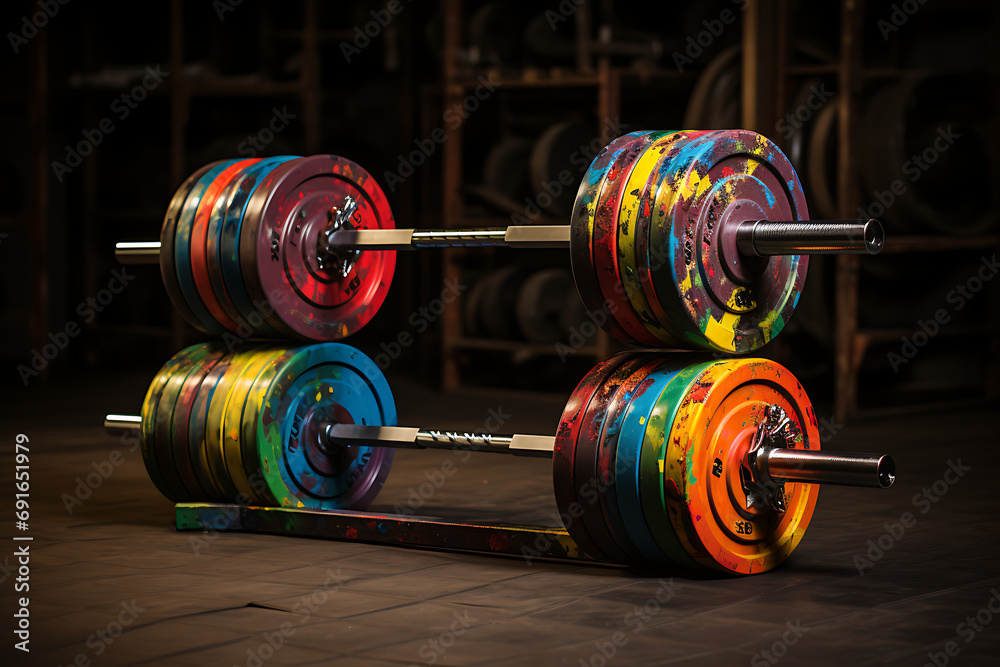 two barbells loaded with colorful weights, set against the dark ...