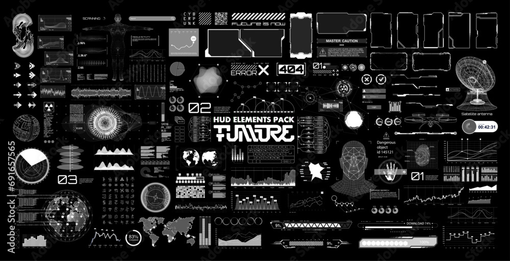 Vector de Stock Hi-tech elements set with HUD interface and 3D shapes. Cyberpunk graphic box ...