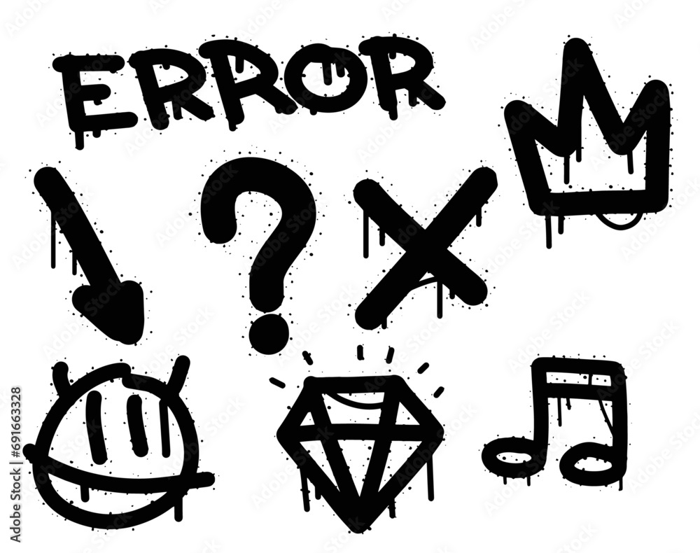 Set of black graffiti spray illustration. Collection of urban symbols ...