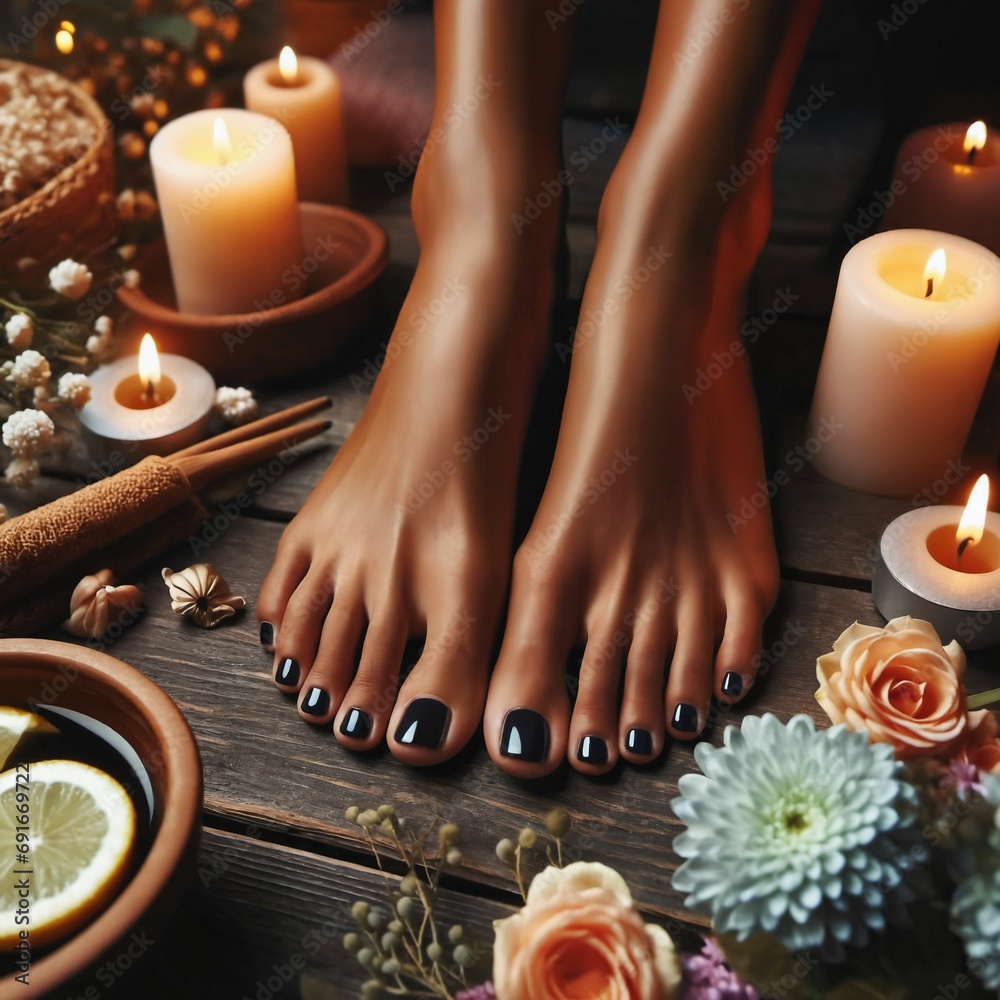 Women's feet at spa salon on pedicure procedure. Beautiful female feet ...