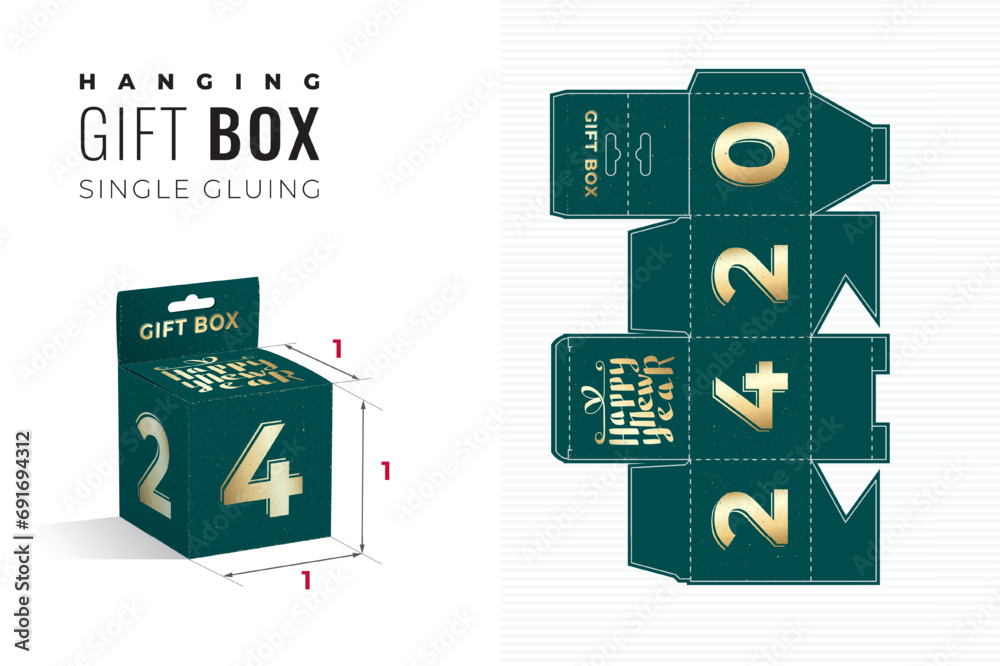 Happy New Year 2024 Hanging Gift Box Die Cut Cube Template with 3D ...