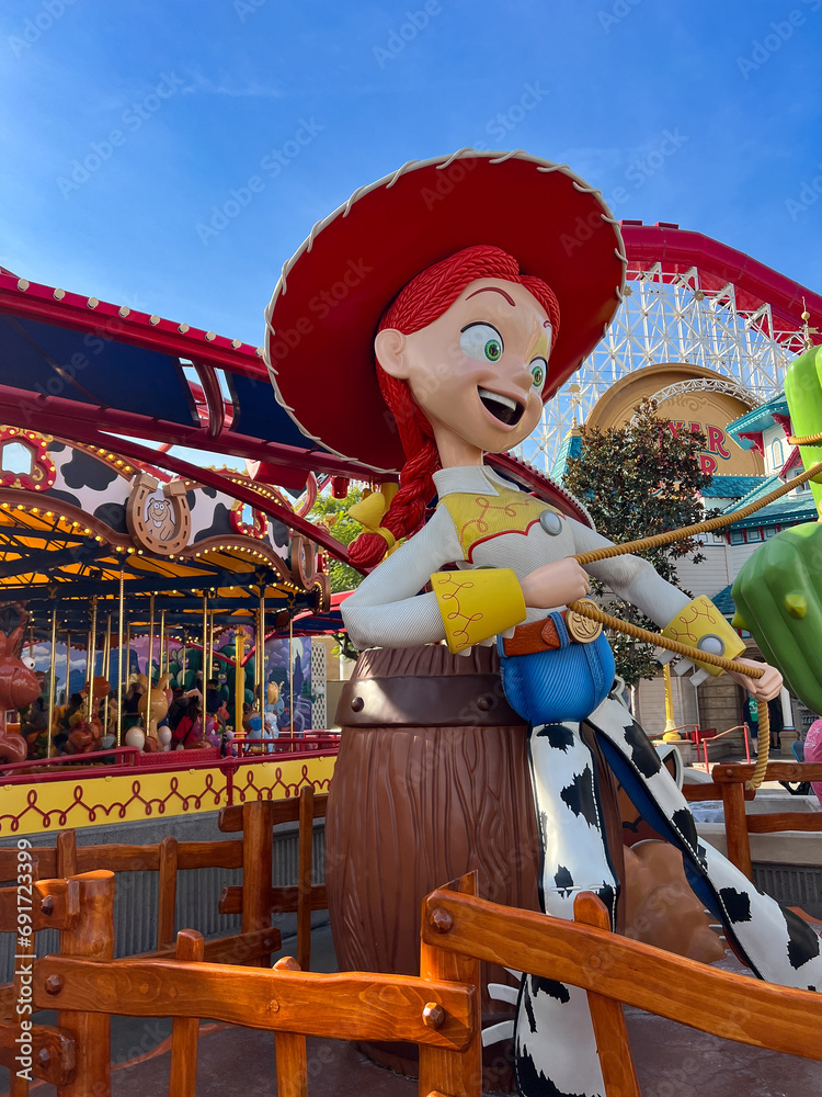 Disney character Jessie in Toy Story Land and Pixar Pier in Disneyland ...