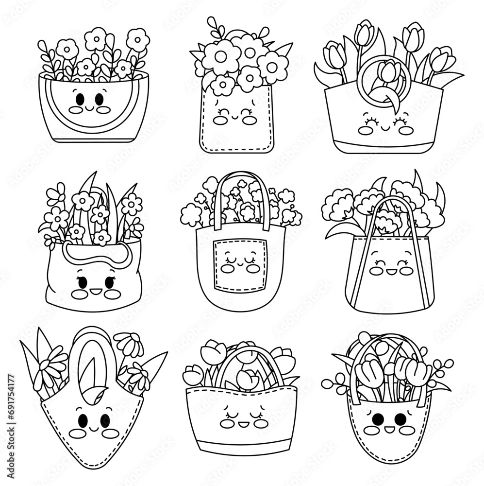 Kawaii cute bag with flowers, leaves and branches. Coloring Page. Fresh ...
