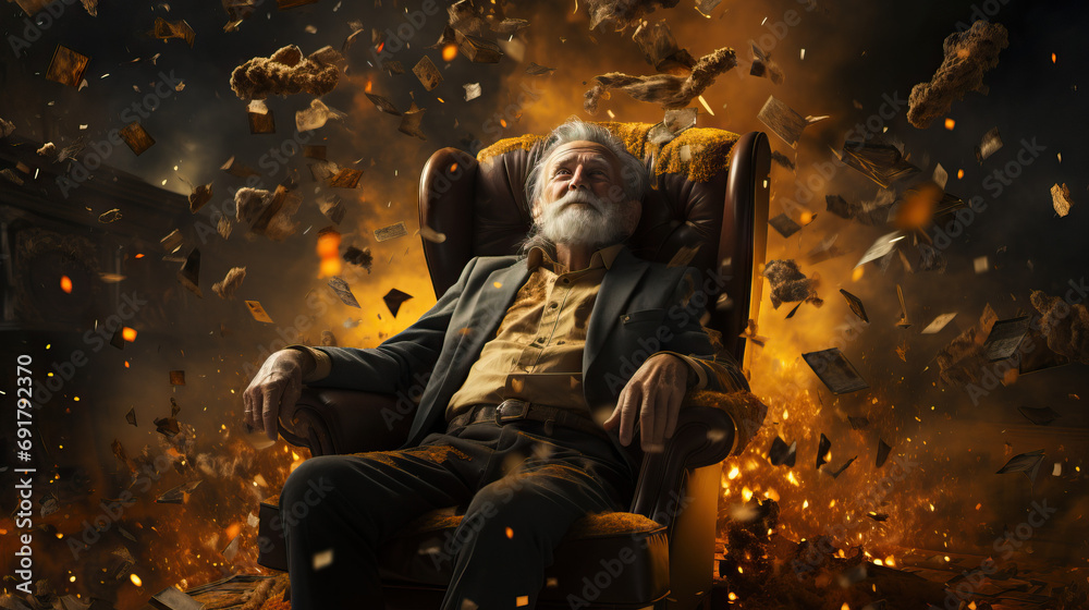 Wealthy Old Man Sitting on Golden Chair with Money Flying Around Him ...