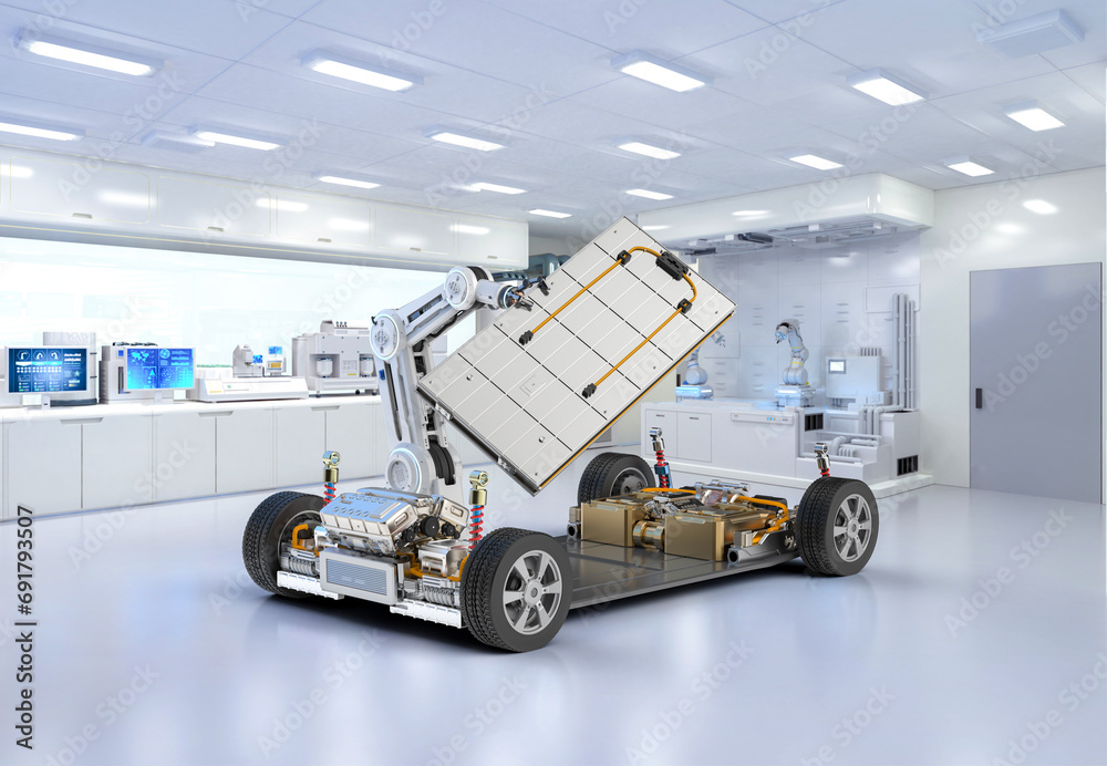 Automation automobile factory concept with 3d rendering robot assembly ...