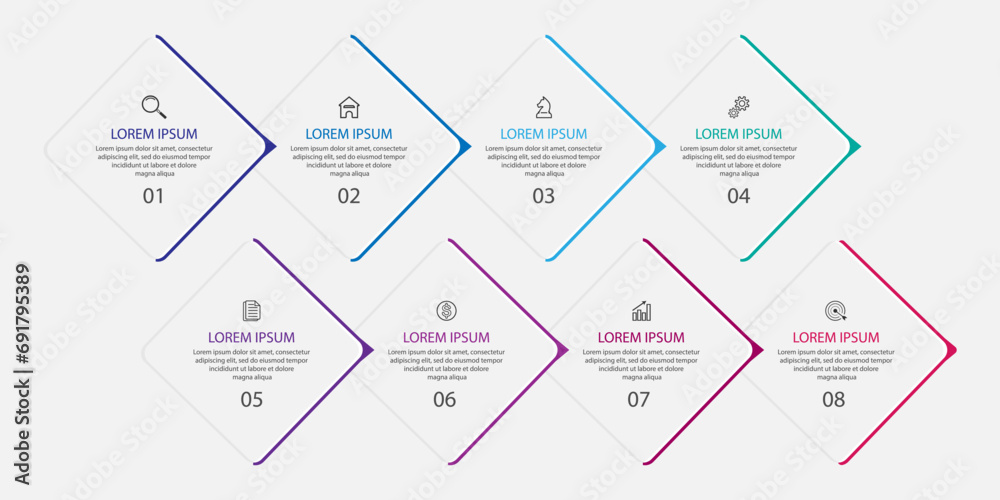 Simple infographic eight parts or options. thin line design with icons, text, number. used for ...