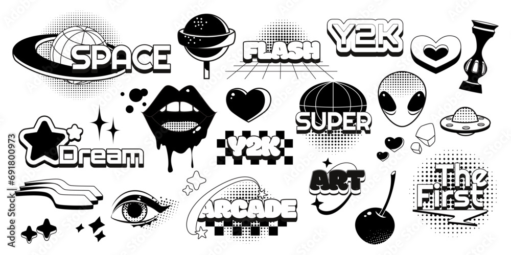 Vektor Black and white y2k stickers set isolated on background. Vector ...