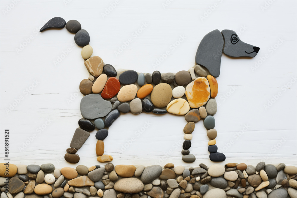 beach pebble art of a dog, pebbles are different sizes and colours. Art ...
