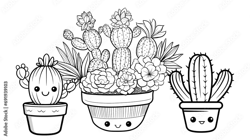 Ilustración de Stock Set of cute and kawaii cactus in a pot colouring ...