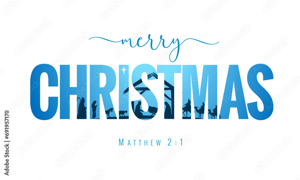Merry Christmas typography card with nativity scene. Text merry ...