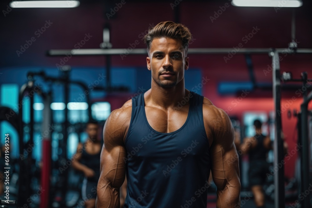 A muscular man confidently lifts weights in a gym, his chiseled chest ...